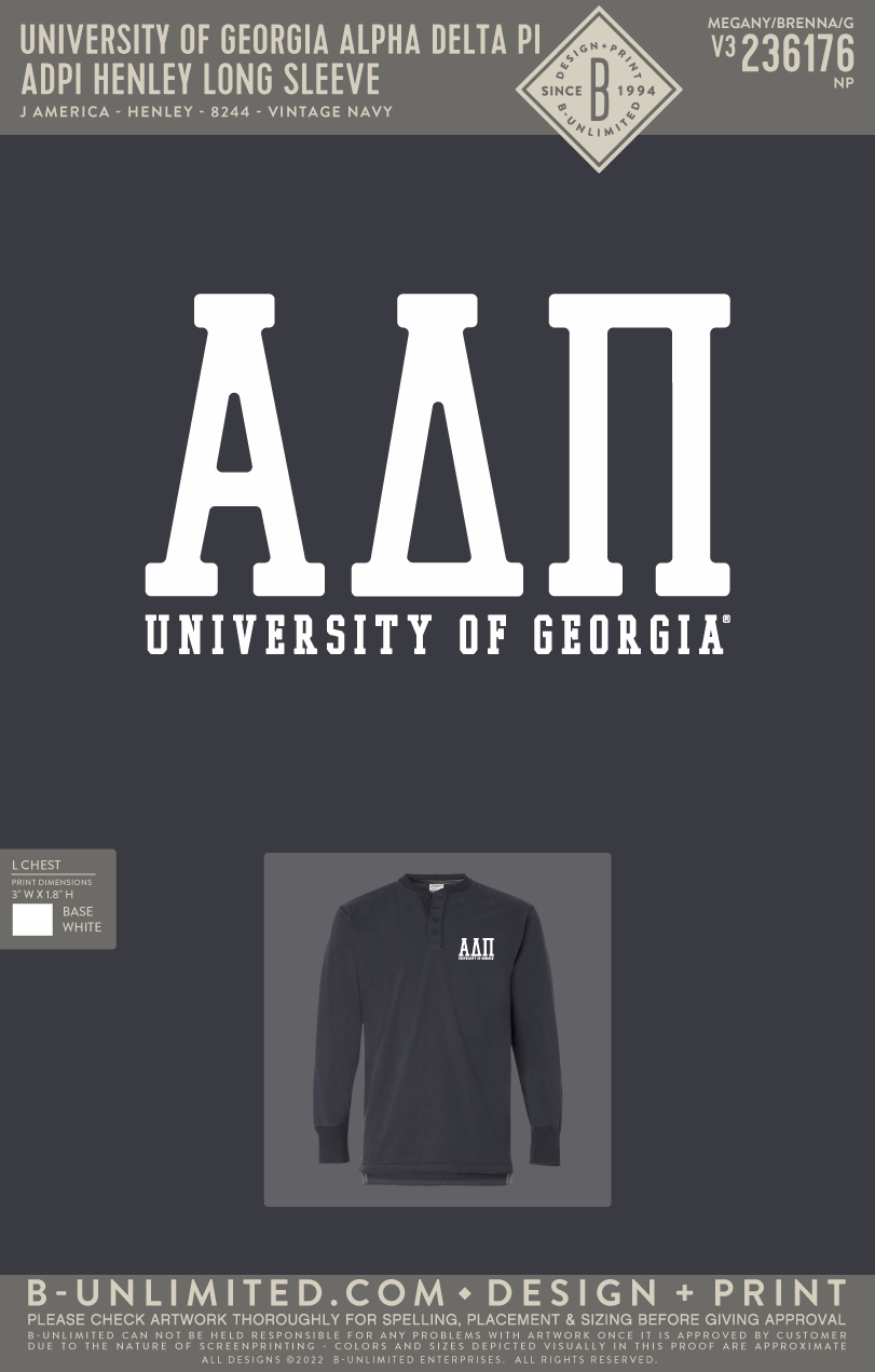 UGA ADPI - ADPI Henley Long Sleeve - J America - JA8244 - LS Henley ...