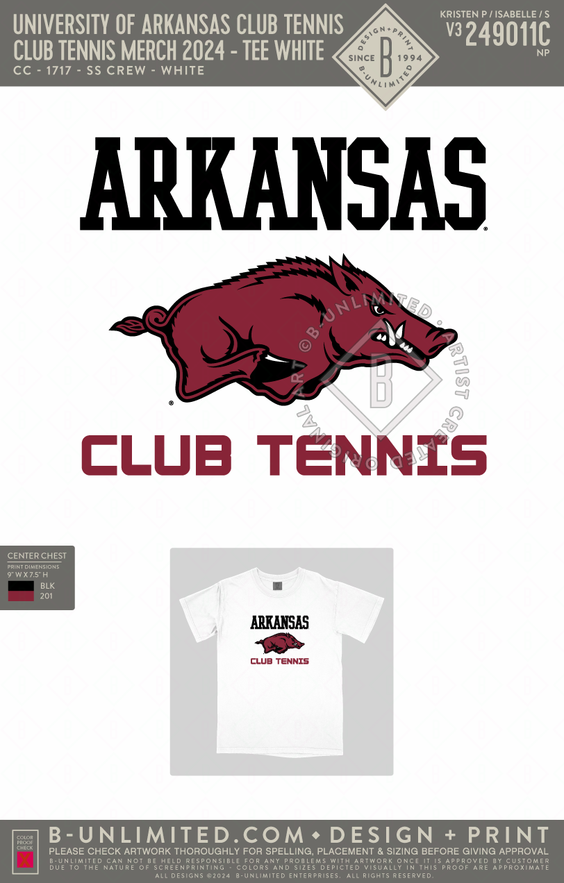 University of Arkansas Club Tennis - Club Tennis Merch 2024 --- TEE WH ...