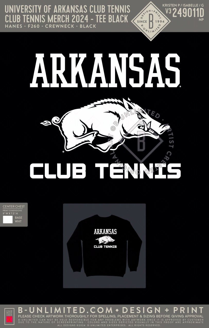 University of Arkansas Club Tennis - Club Tennis Merch 2024 --- TEE BL ...