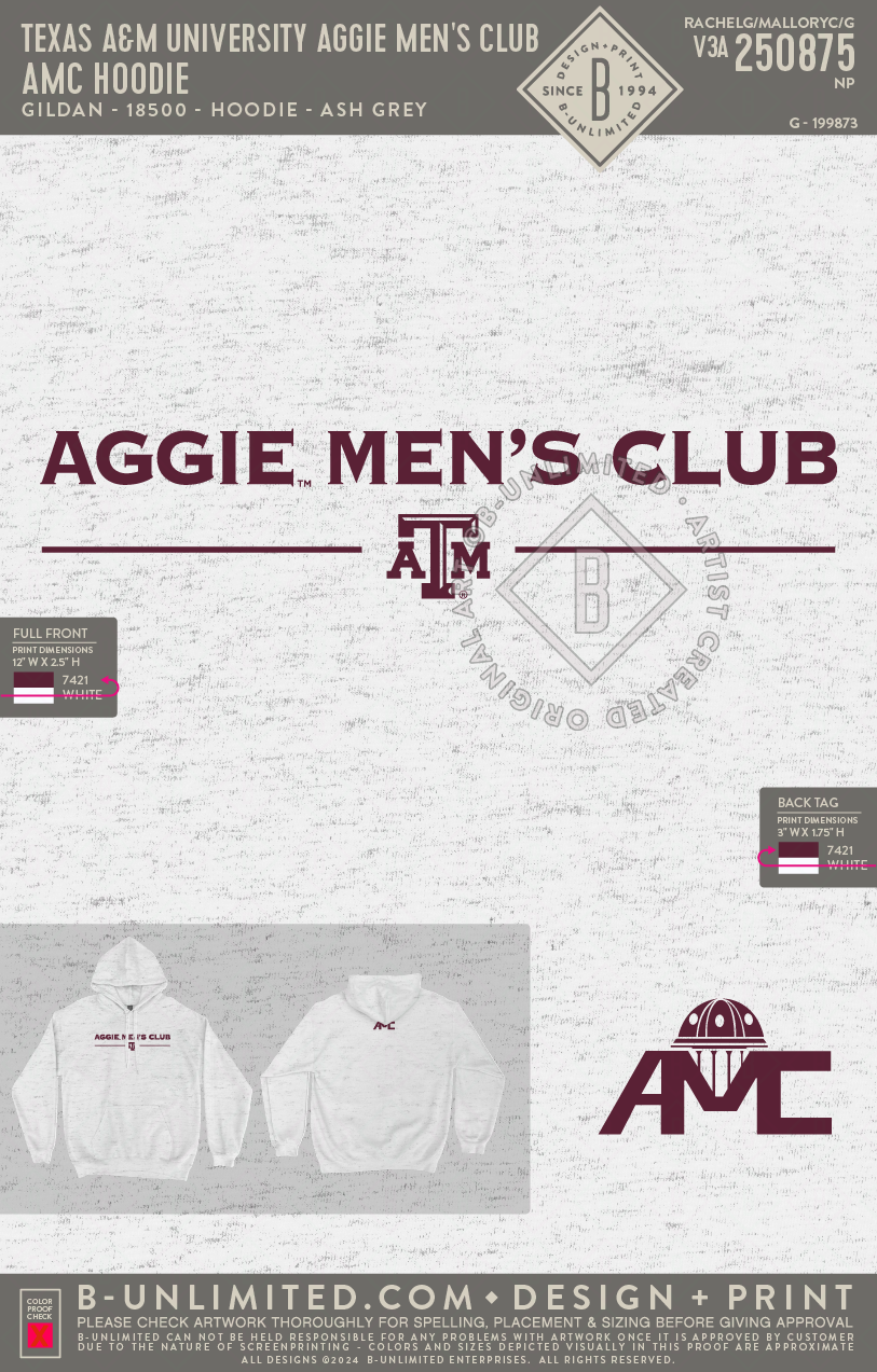 Texas A&M University Aggie Men's Club - AMC Hoodie - Gildan - 18500 ...