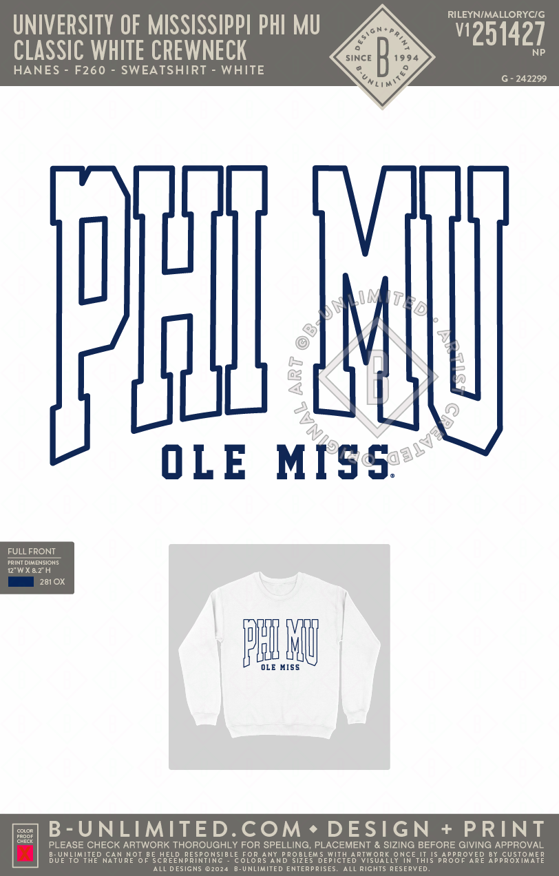 University of Mississippi Phi Mu - Classic Crewneck - Hanes - F260 - S ...