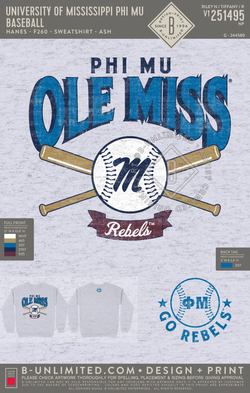 University of Mississippi Phi Mu - Baseball - Hanes - F260 - Sweatshir ...