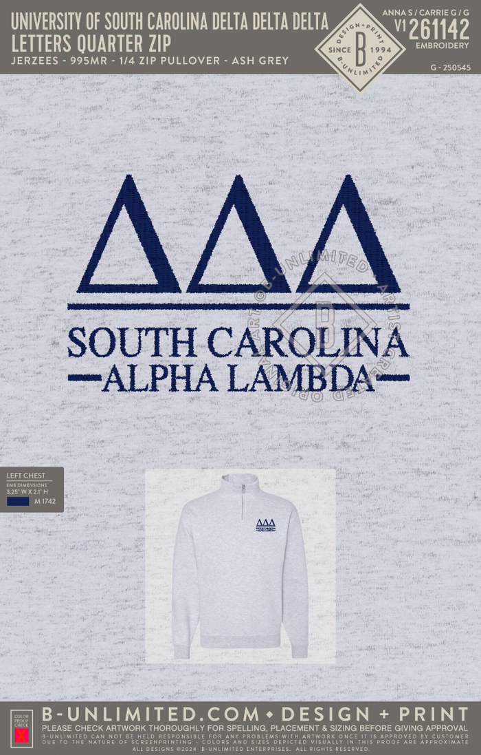 University of South Carolina Delta Delta Delta - Letters Quarter Zip ...